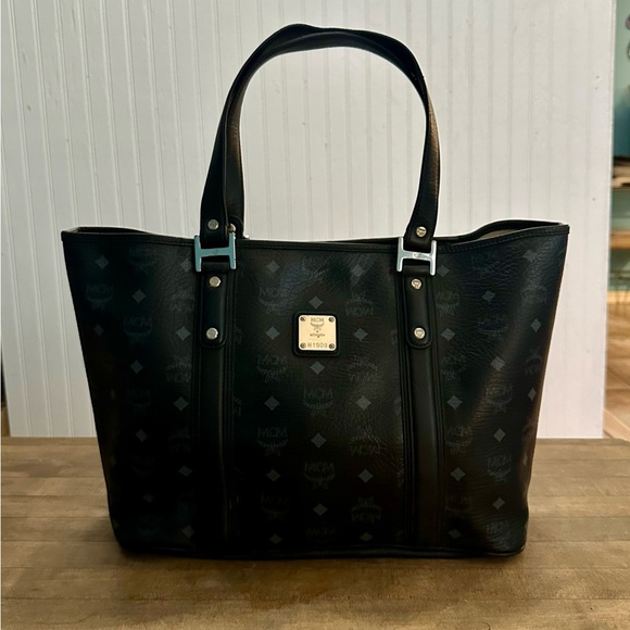 MCM | Bags | Mcm Visetos Black Blue Genuine Leather Tote Bag Shg3872 ...